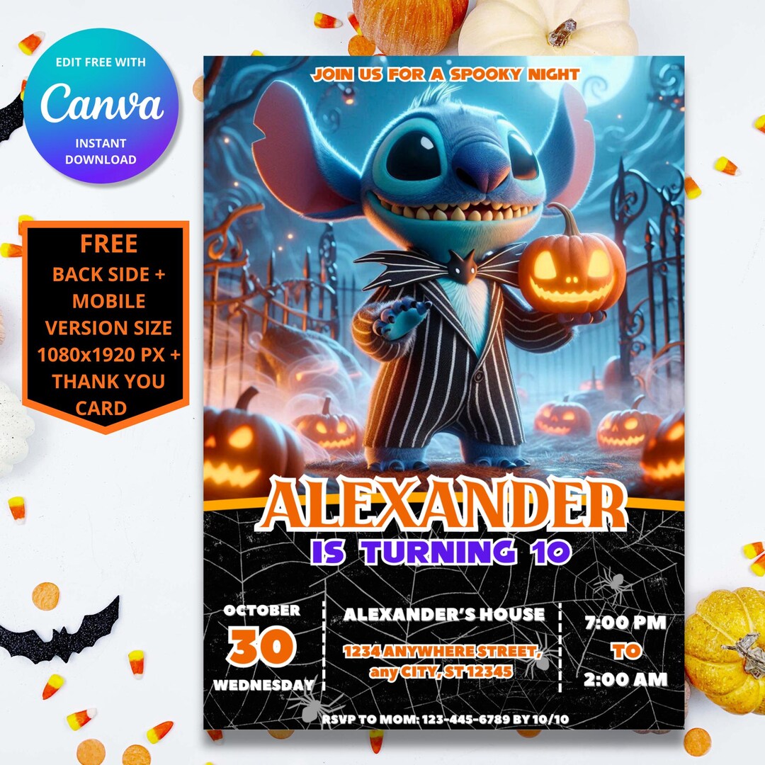 Editable Stitch Halloween Birthday Invitation | Customizable Digital ...