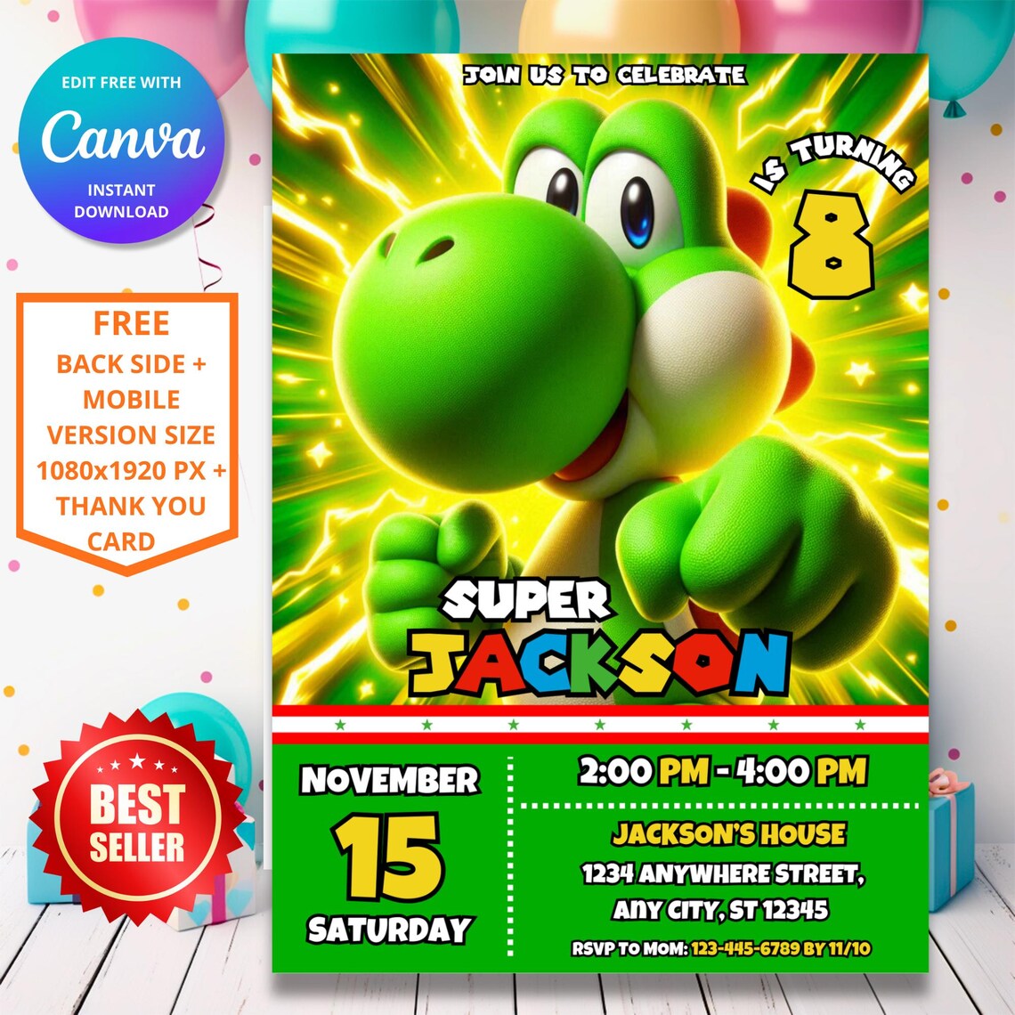 Yoshi Birthday Invitation | Super Mario Party Template (digital) - Etsy