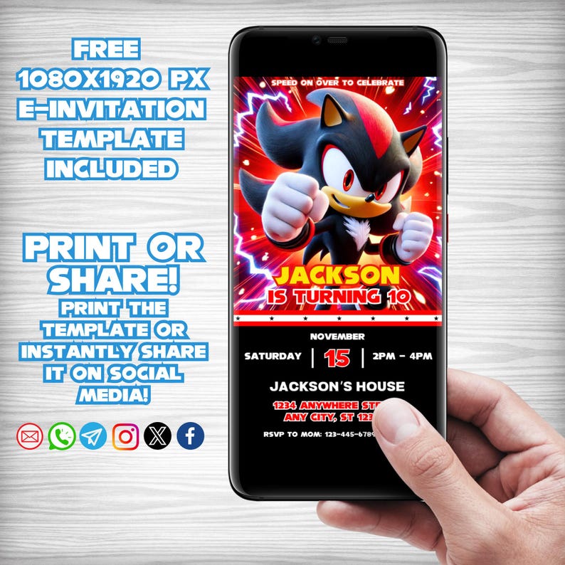 Invitación de cumpleaños de Ultimate Speed Sonic Shadow / Tema de Sonic ...