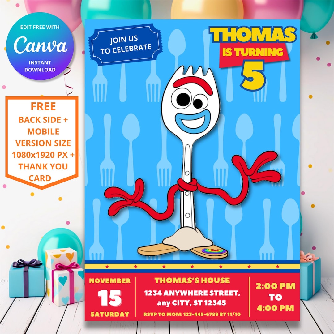 Editable Forky Toy Story Birthday Invitation | Digital Party Invite ...