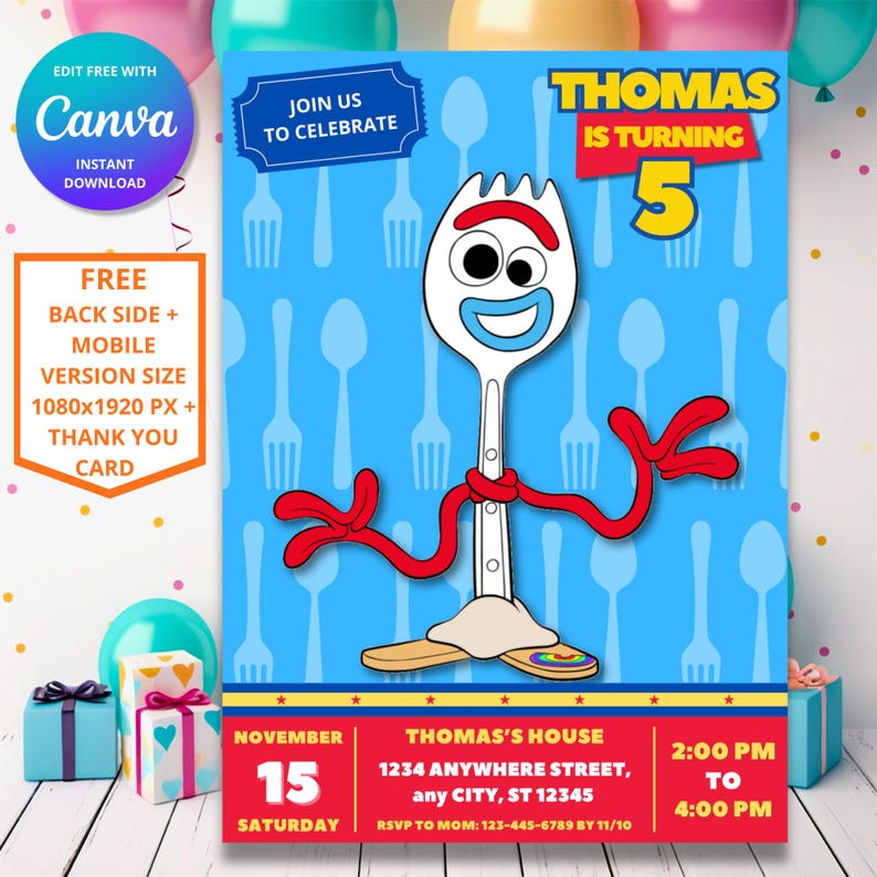 Editable Forky Toy Story Birthday Invitation | Digital Party Invite ...