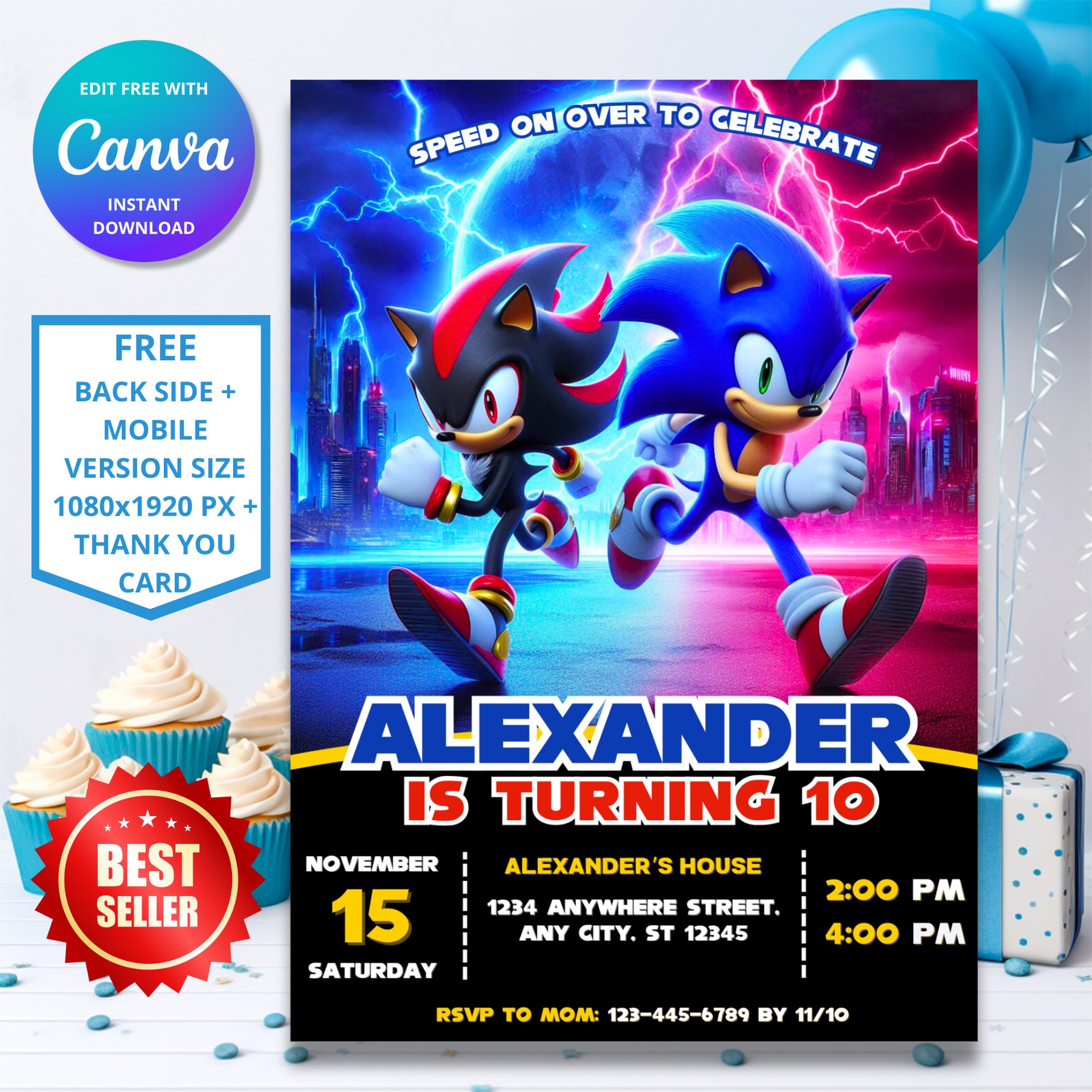 Ultimate Speed Sonic Shadow Birthday Invitation Sonic the Hedgehog ...