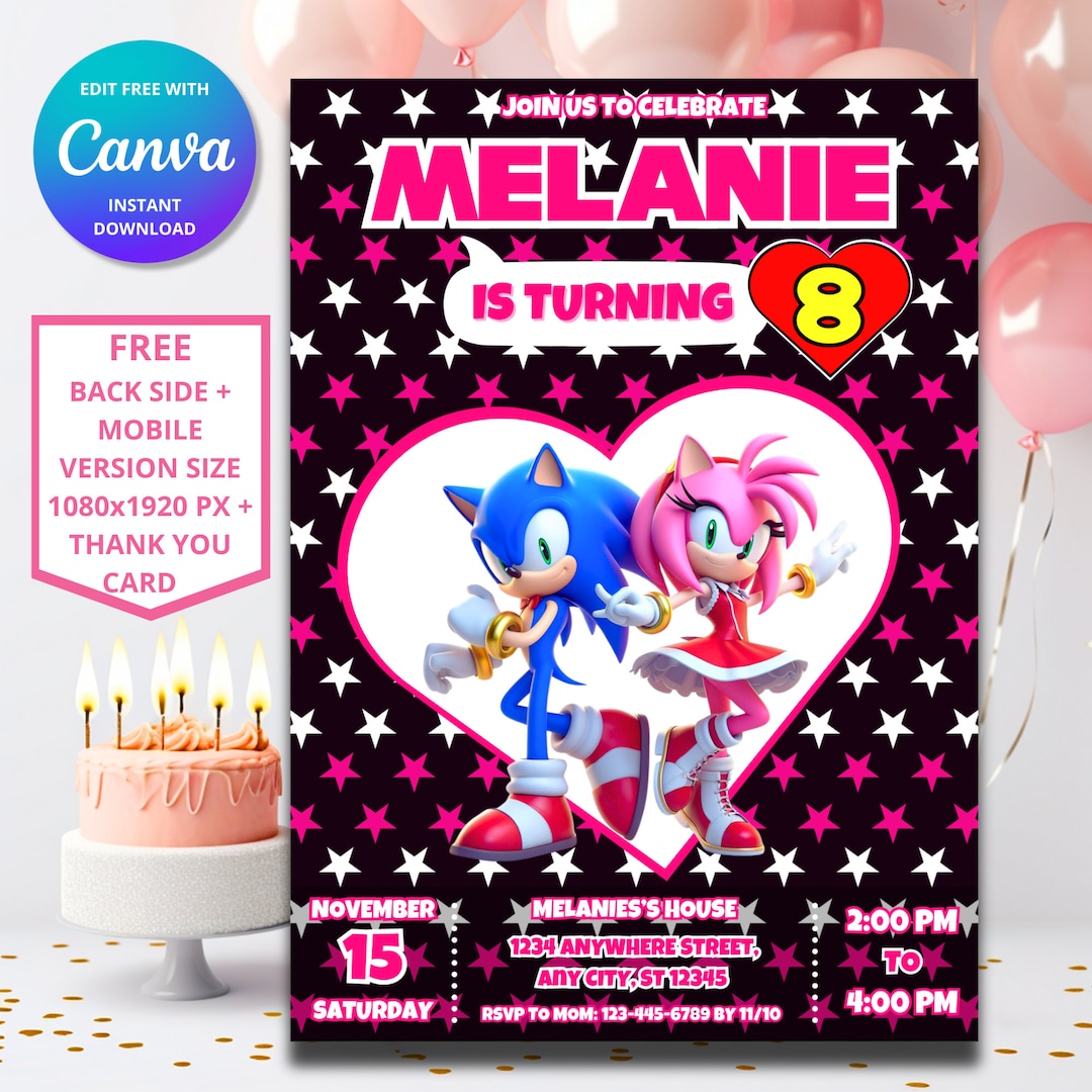 Ultimate Speed Sonic Amy Rose Birthday Invitation | Sonic the Hedgehog ...