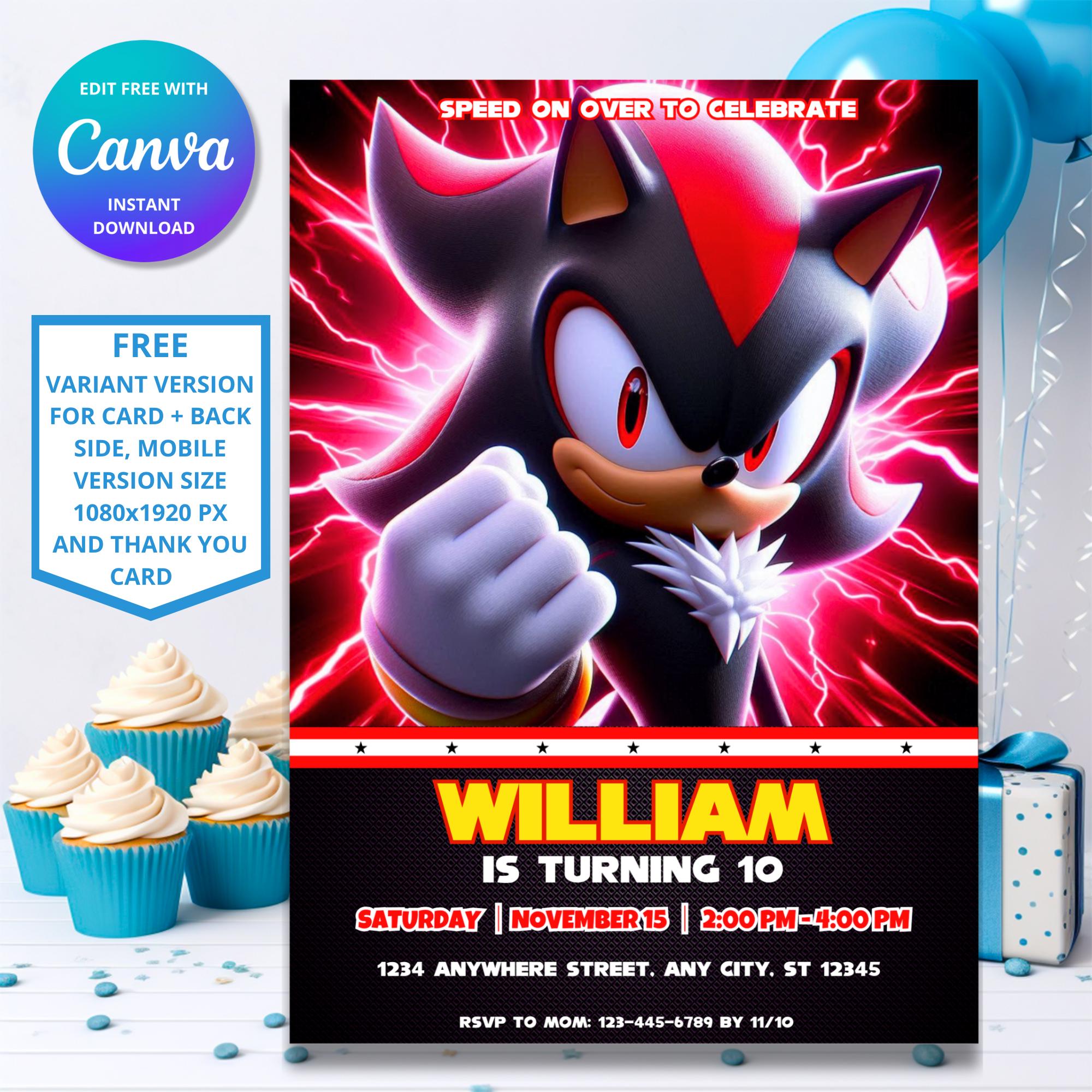 Ultimate Speed Sonic Shadow Birthday Invitation Sonic the Hedgehog ...