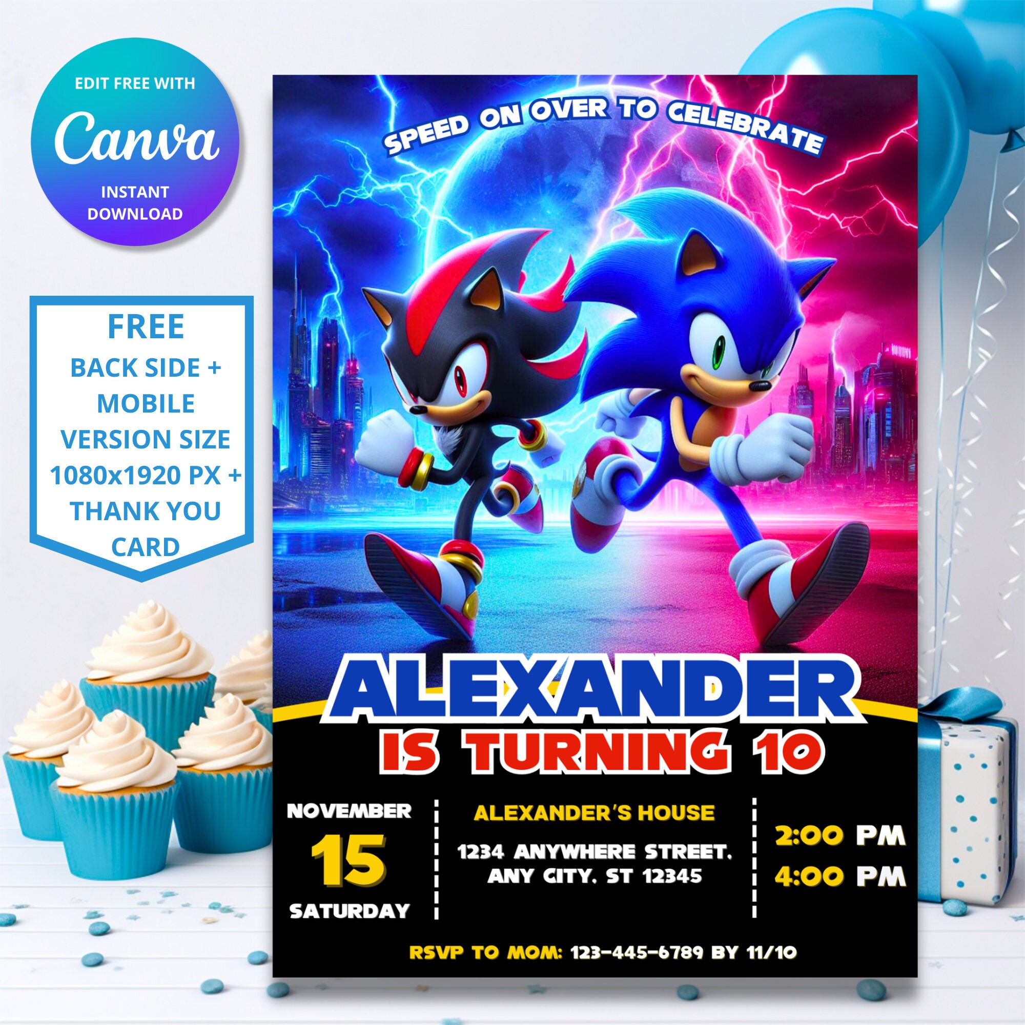 Ultimate Speed Sonic Shadow Birthday Invitation Sonic the Hedgehog ...