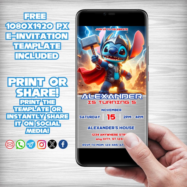 Editable Stitch Thor Birthday Invitation | Digital Party Invite (canva ...
