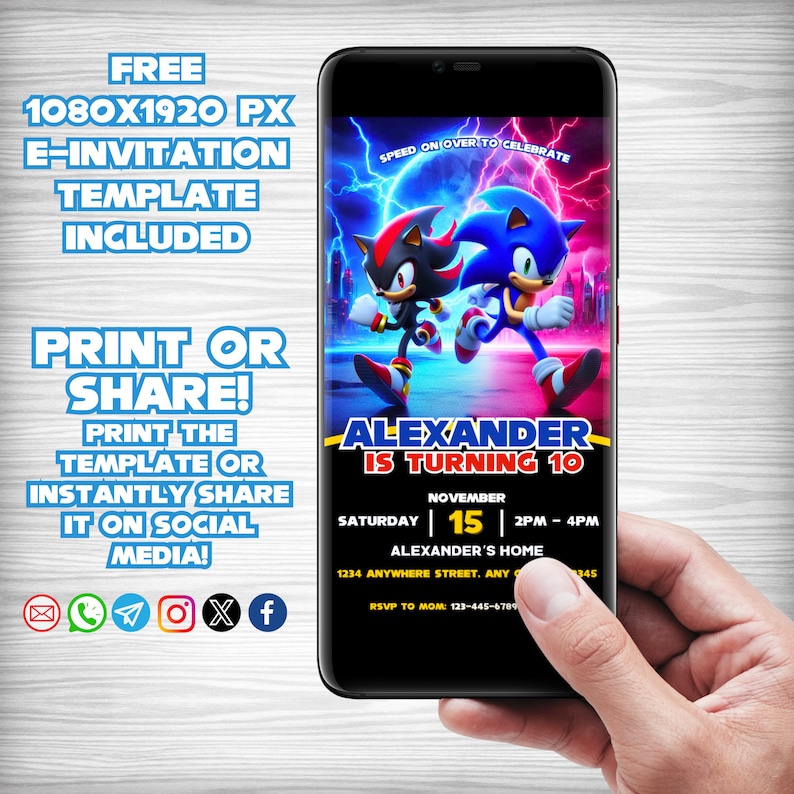 Ultimate Speed Sonic Shadow Birthday Invitation Sonic the Hedgehog ...