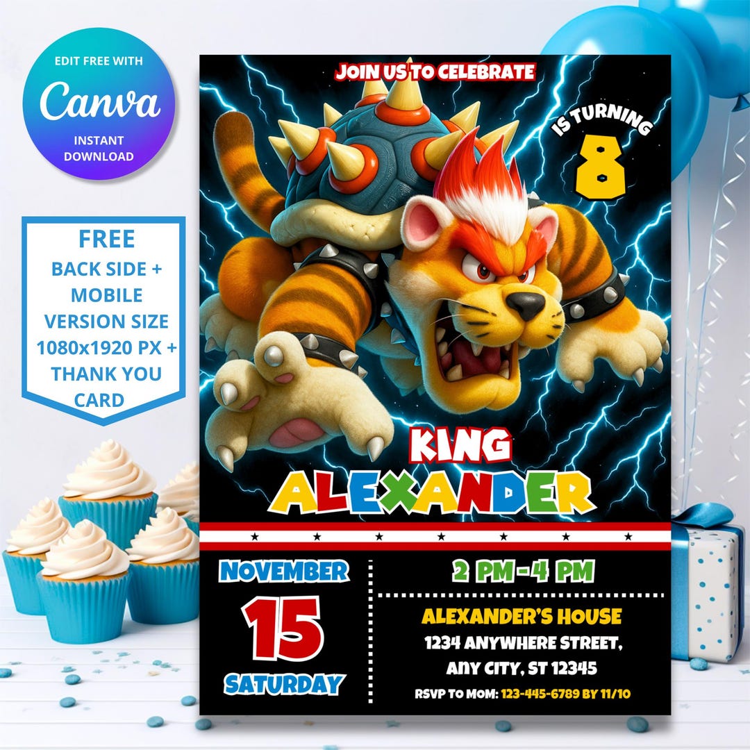 Bowser Meowser Birthday Invitation | Super Mario Party Template ...