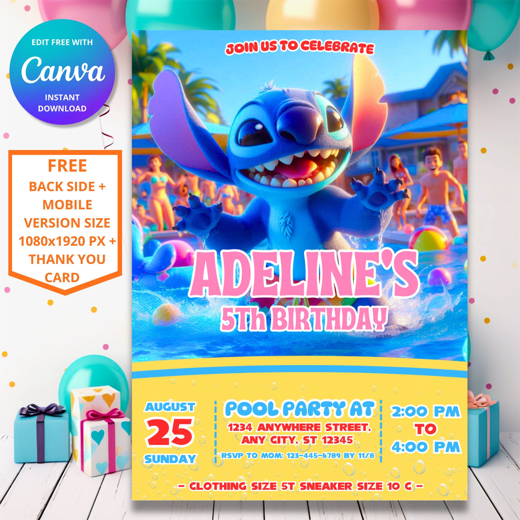 Editable Stitch Pool Party Birthday Invitation | Customizable Stitch ...