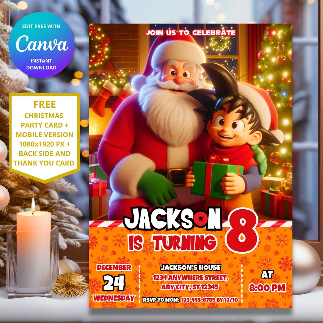 Dragon Ball Christmas Birthday Invitation | Goku Christmas Party Invite ...