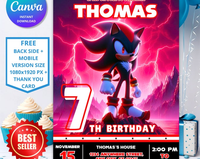 Invitación de cumpleaños de Ultimate Speed Sonic Shadow / Tema Sonic ...