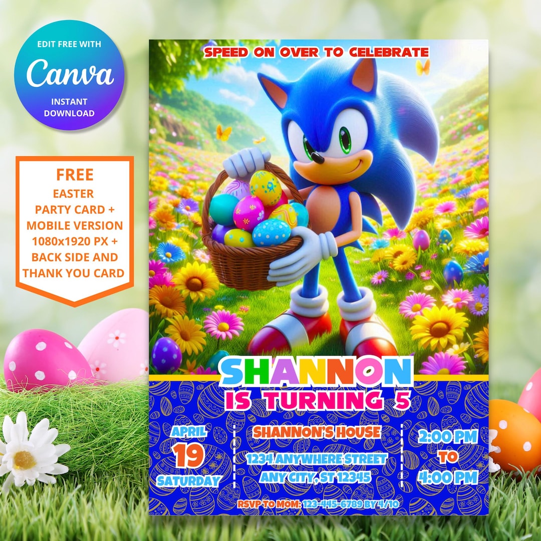 Ultimate Speed Sonic Easter Birthday Invitation | Sonic the Hedgehog ...