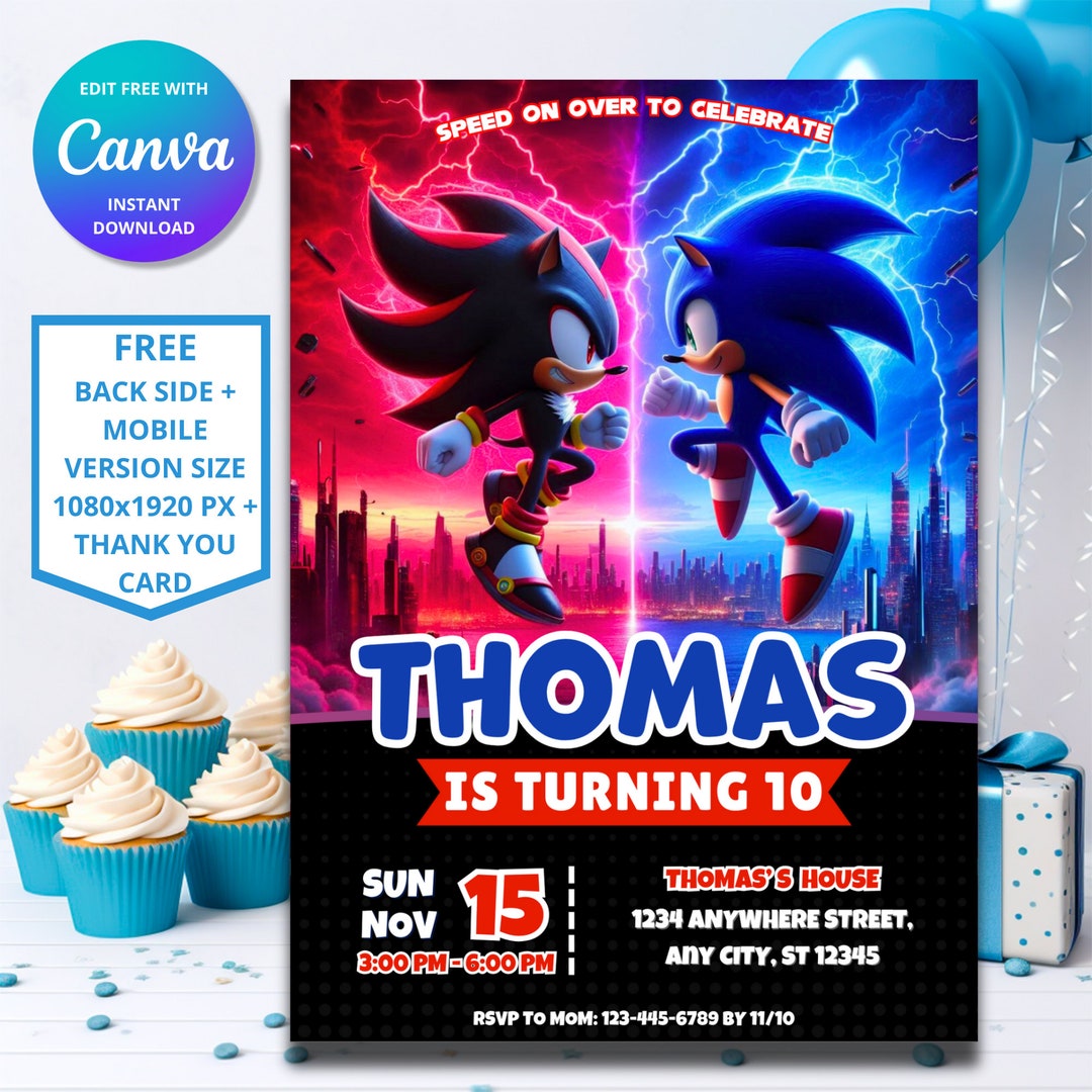 Ultimate Speed Sonic Shadow Birthday Invitation Sonic the Hedgehog ...