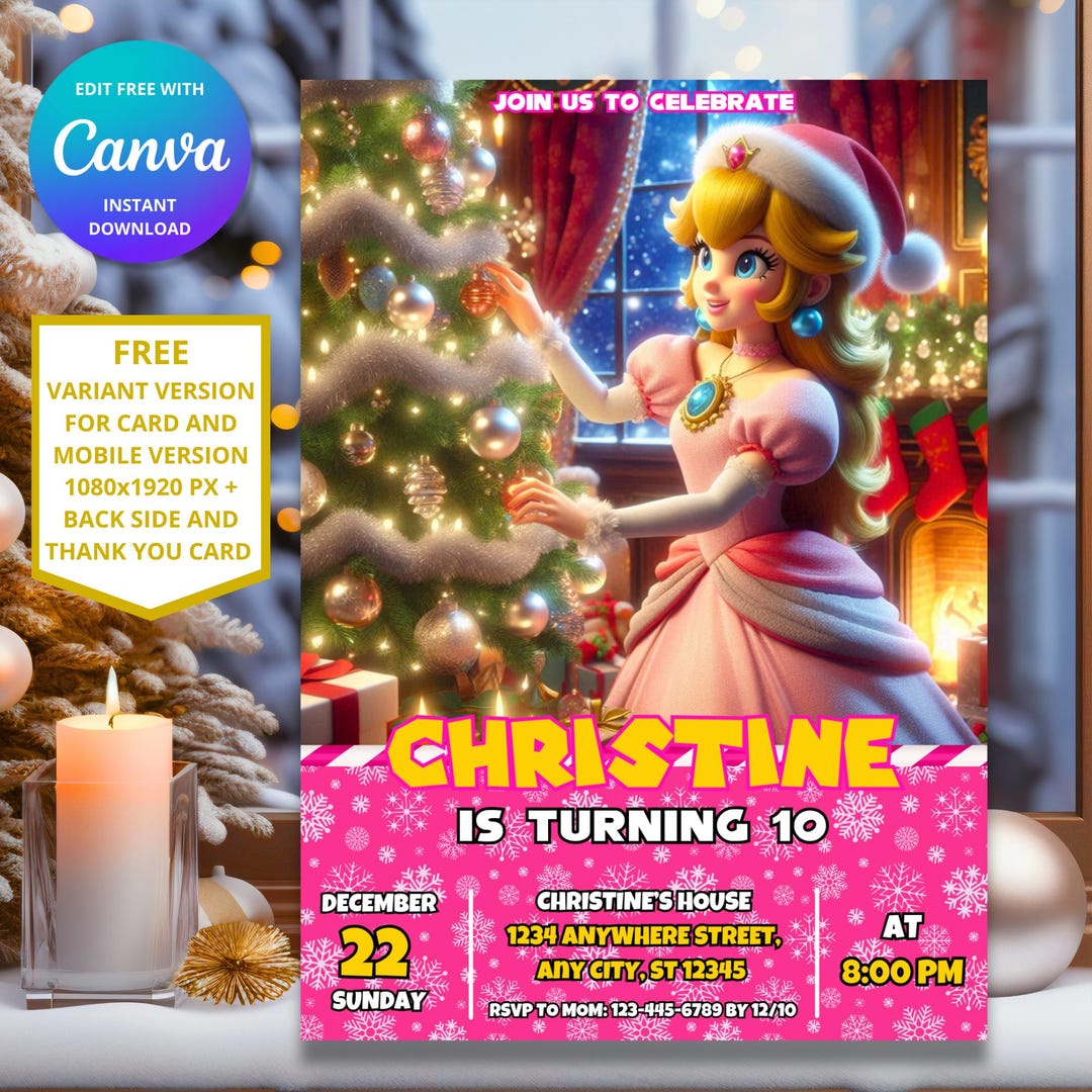 Princess Peach Christmas Birthday Invitation | Princess Birthday Invite ...