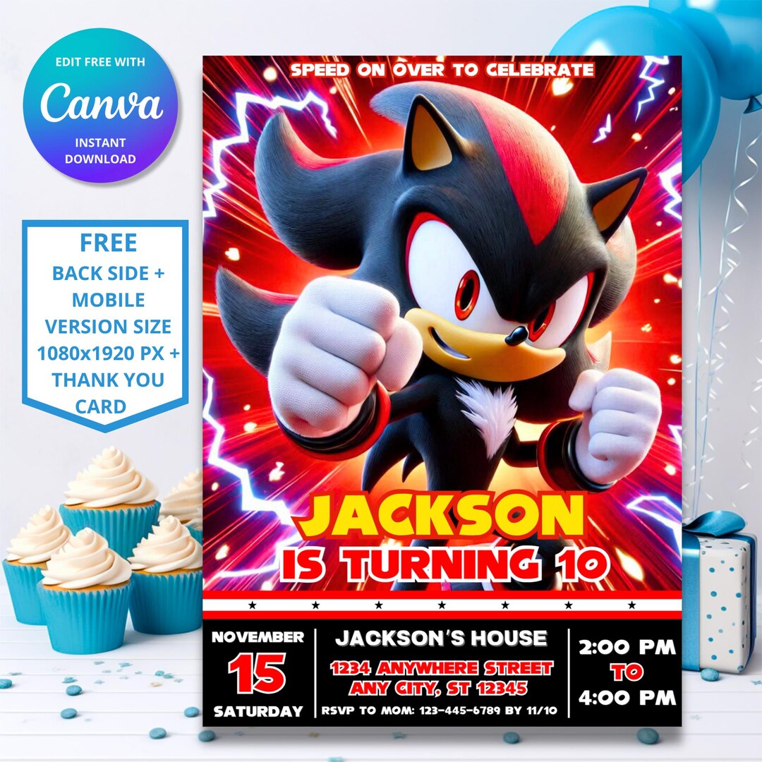 Invitación de cumpleaños de Ultimate Speed Sonic Shadow / Tema de Sonic ...