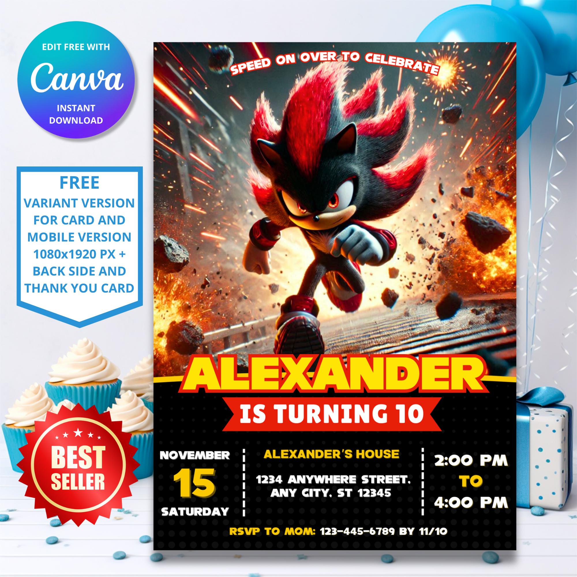 Invitación de cumpleaños de Ultimate Speed Sonic Shadow / Tema de Sonic ...
