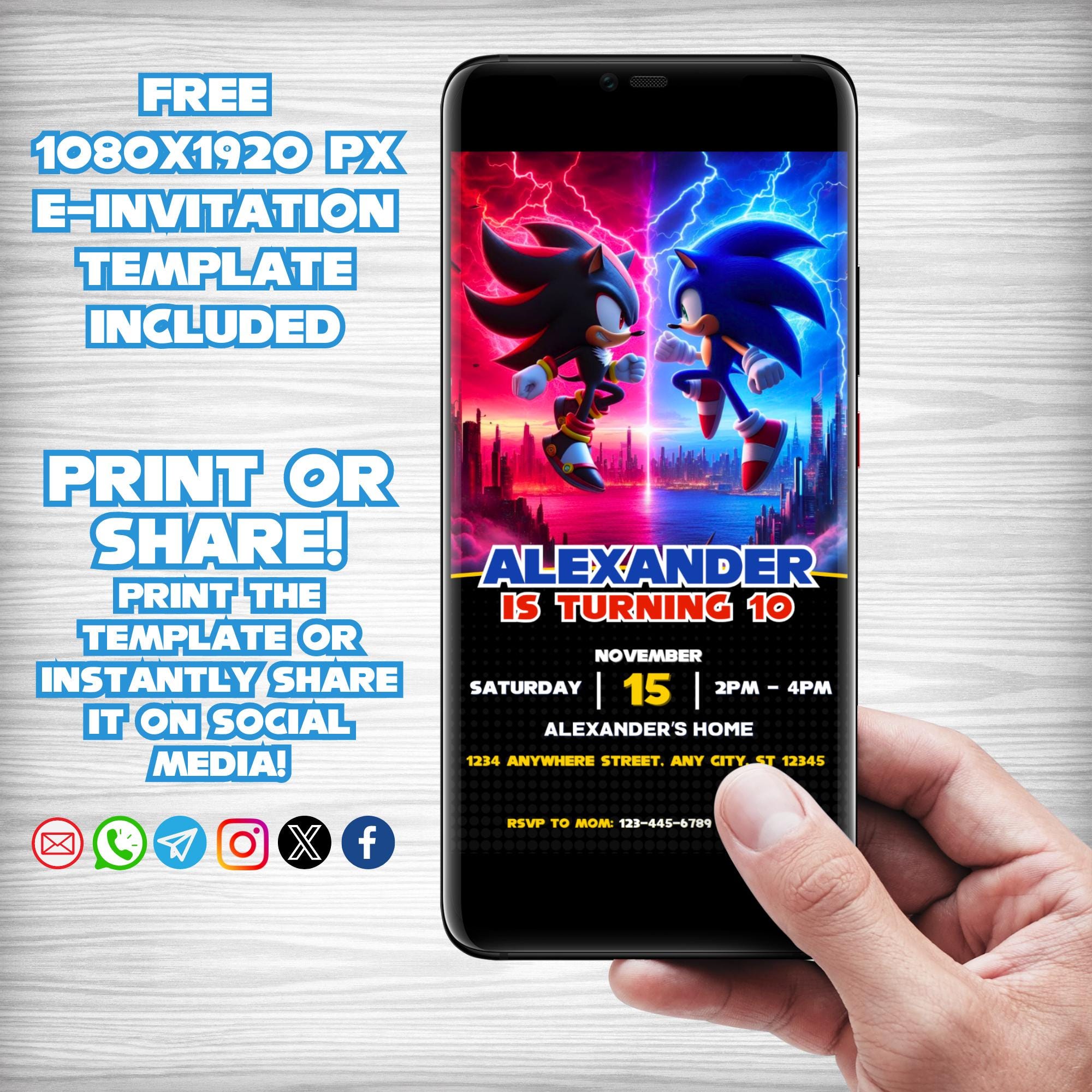 Invitación de cumpleaños de Ultimate Speed Sonic Shadow / Tema Sonic ...