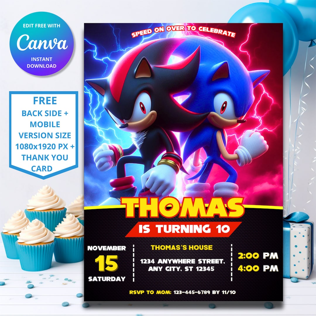 Invitación de cumpleaños de Ultimate Speed Sonic Shadow / Tema Sonic ...