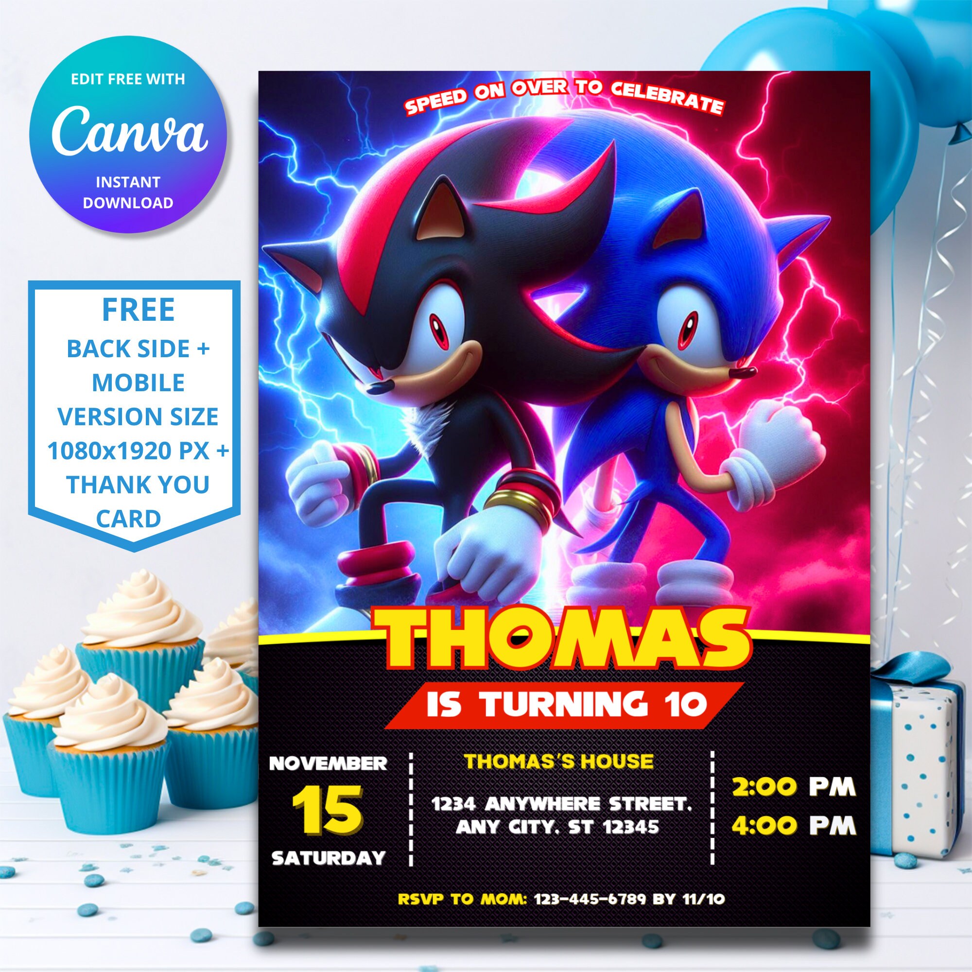 Ultimate Speed Sonic Shadow Birthday Invitation Sonic the Hedgehog ...