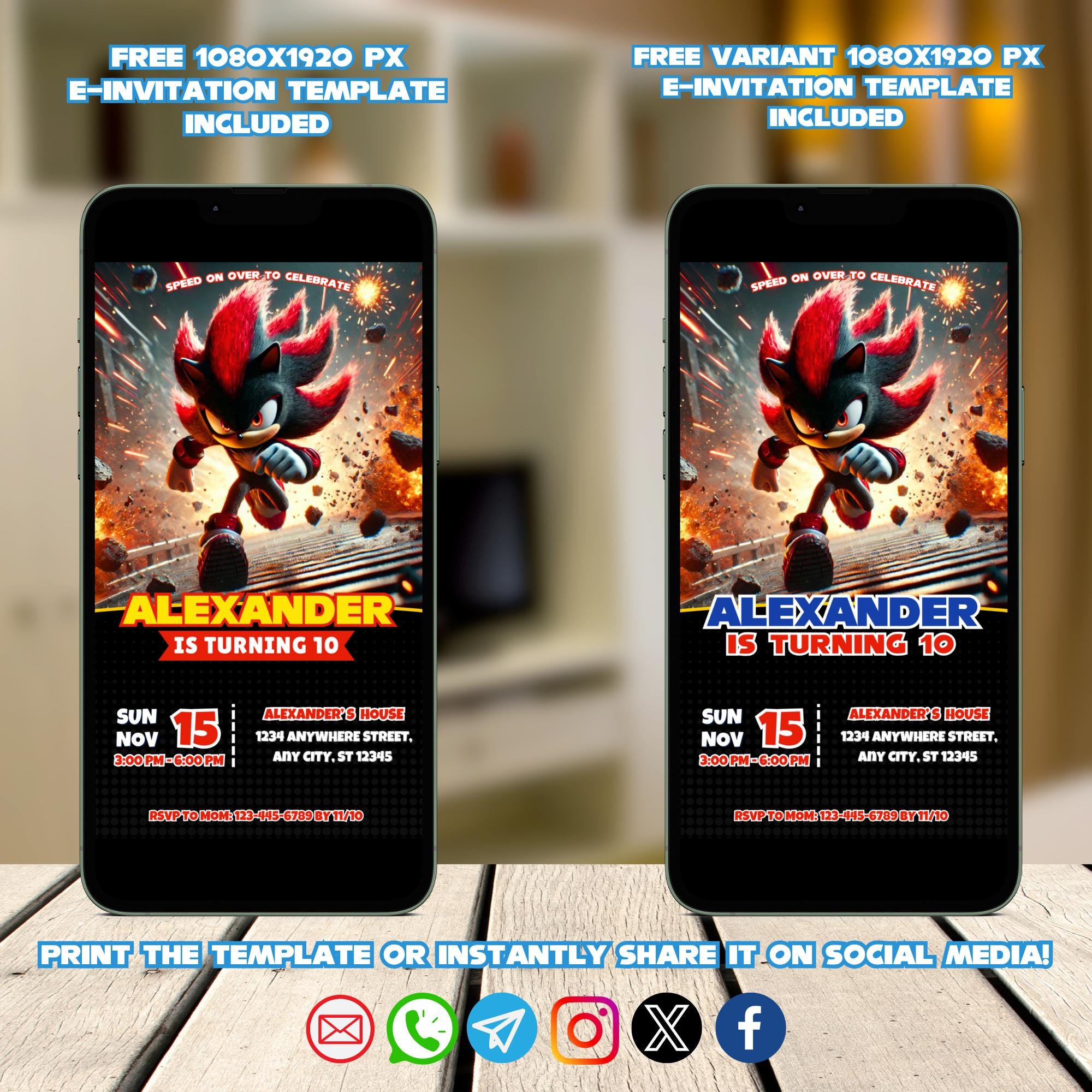 Invitación de cumpleaños de Ultimate Speed Sonic Shadow / Tema de Sonic ...