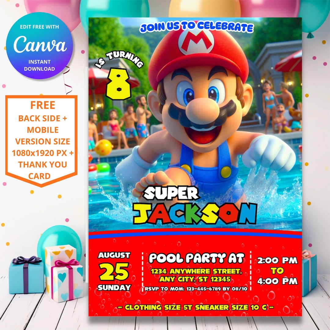 Super Mario Pool Party Invitation | Super Mario Birthday Invitation ...