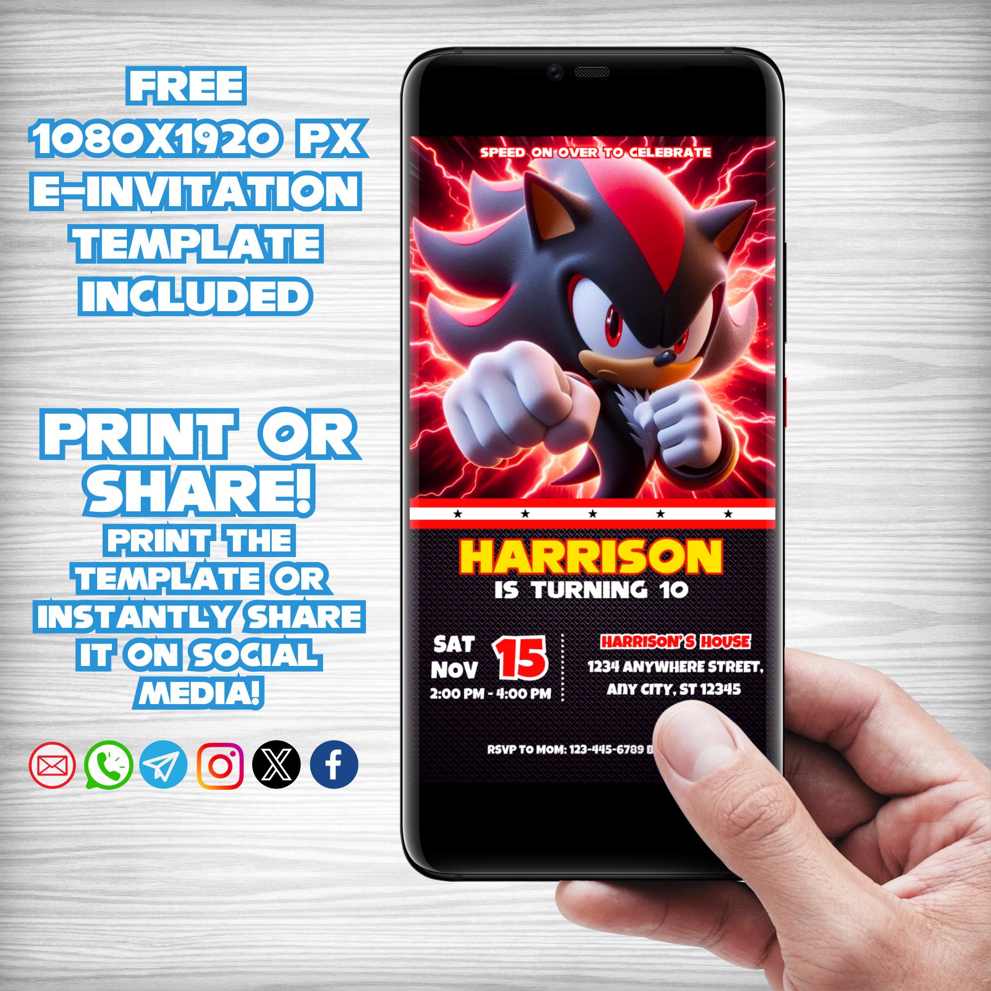 Ultimate Speed Sonic Shadow Birthday Invitation Sonic the Hedgehog ...