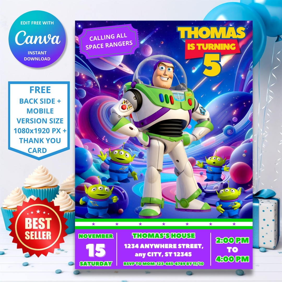 Editable Buzz Lightyear Toy Story Birthday Invitation | Customizable ...