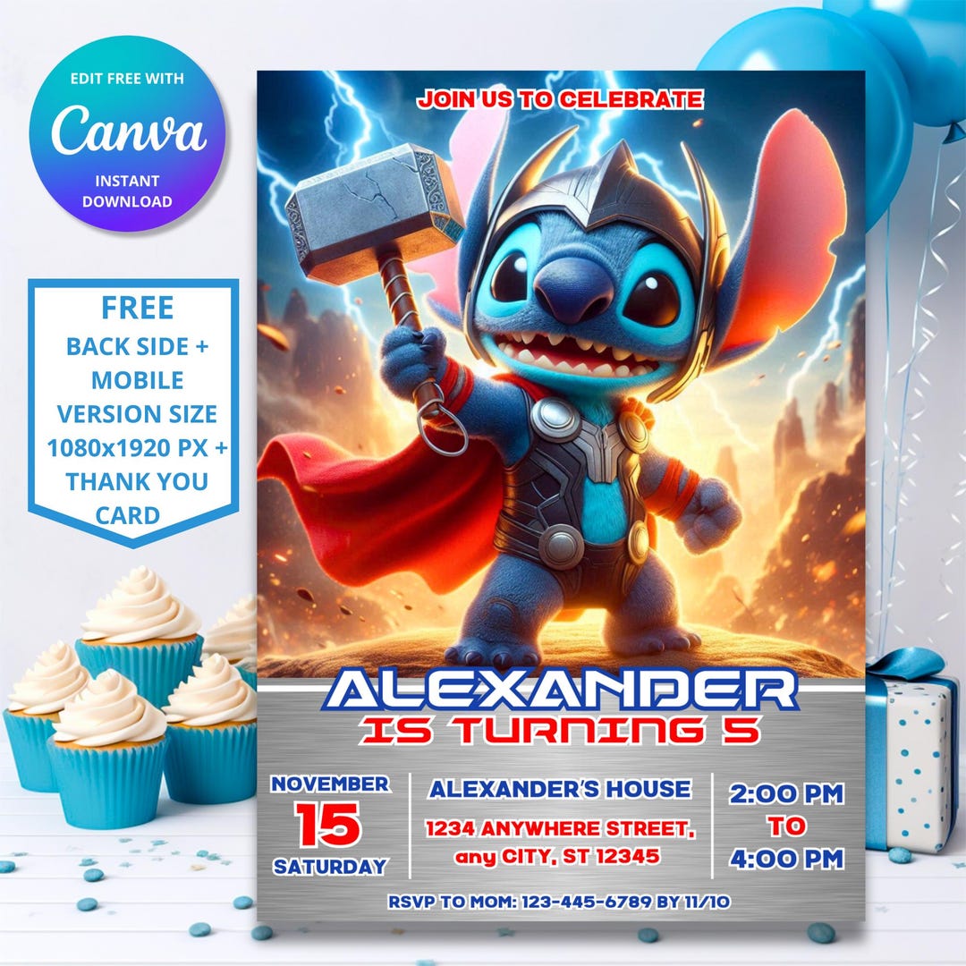 Editable Stitch Thor Birthday Invitation | Customizable Digital Lilo ...
