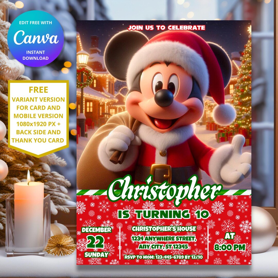Editable Mickey Mouse Christmas Birthday Invitation Christmas Party ...