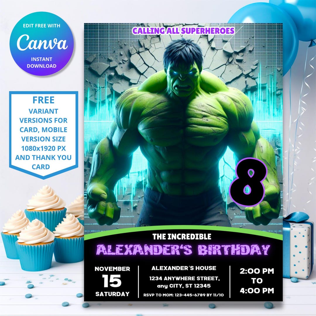Editable Hulk Birthday Invitation | Hulk Theme Party | Superhero ...