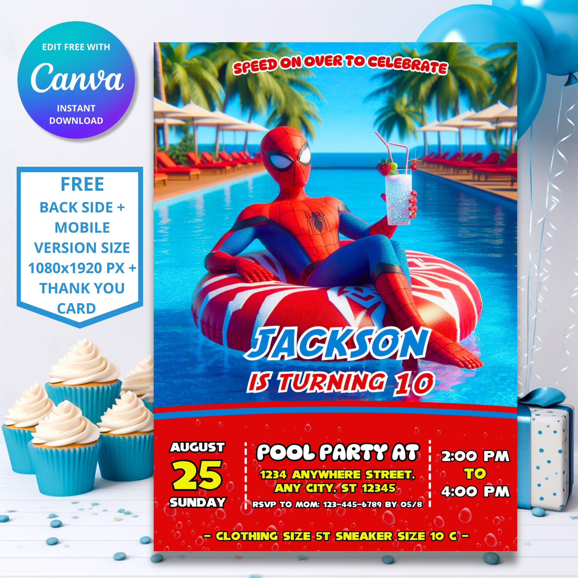Spiderman Pool Party Birthday Invitation | Editable Canva Template ...