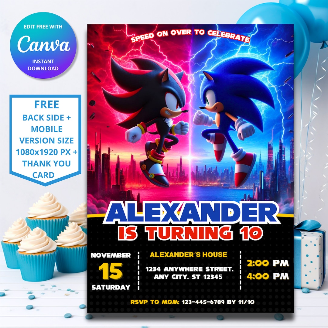Invitación de cumpleaños de Ultimate Speed Sonic Shadow, Tema de Sonic ...
