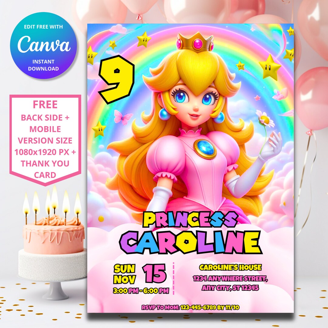 Invitación de cumpleaños de la princesa Peach / Invitación de ...