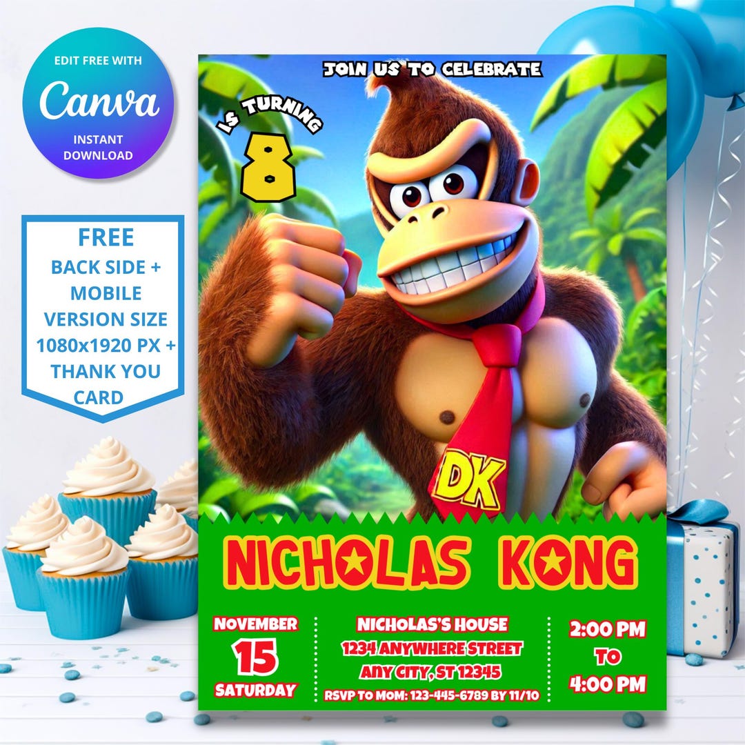 Donkey Kong Birthday Invitation | Super Mario Birthday Invitation ...