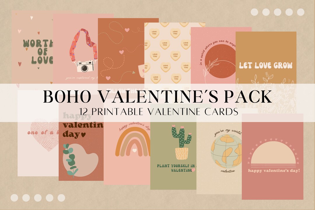 Boho Printable Valentine Cards 12 Pack - Etsy