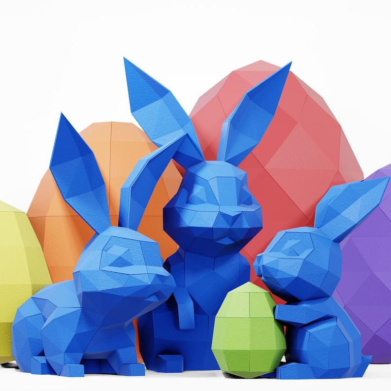 Easter Bunnies & Eggs Papercraft Kit Template Paper Craft Rabbit 3D Low ...