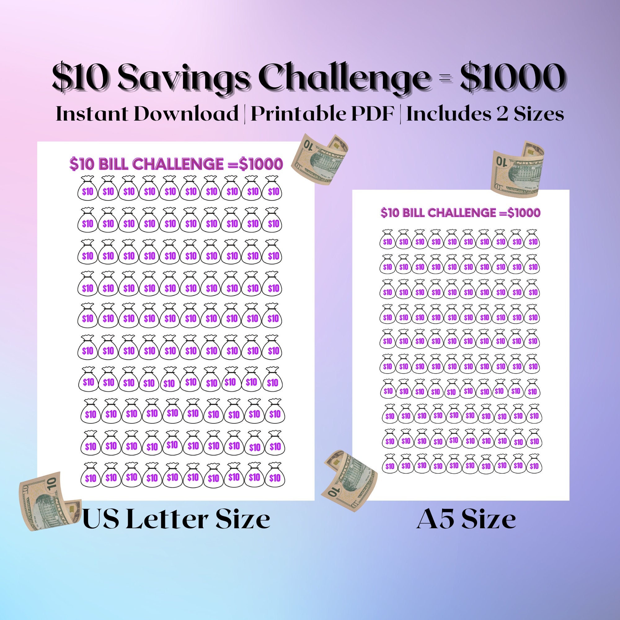 Savings Tracker 10 Dollar Bill Challenge, Budget Binder Savings Goal ...