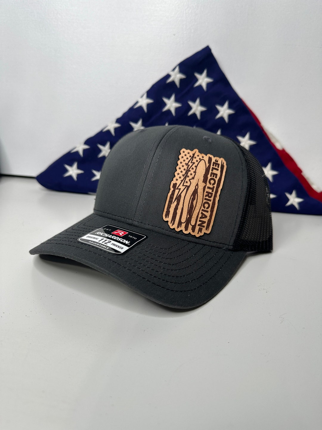 Electrician American Flag Leather Patch Richardson 112 Hat | Flexfit L ...
