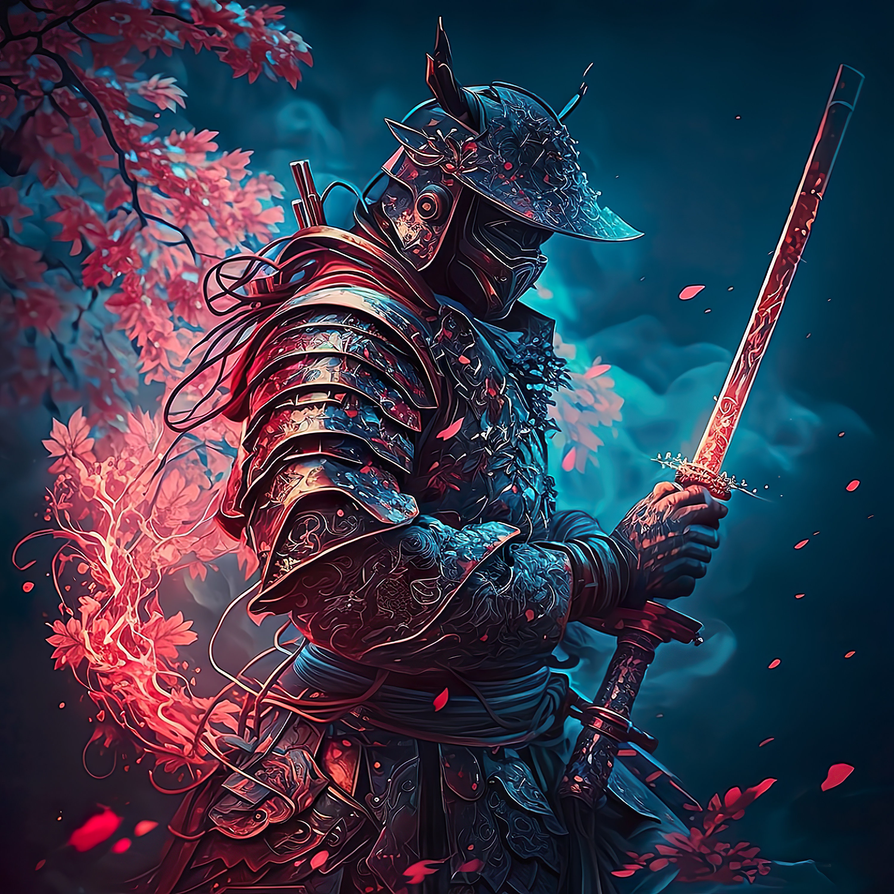 Japanese Samurai in Sakura Flowers and Cherry Blossom Tree, Honoration ...
