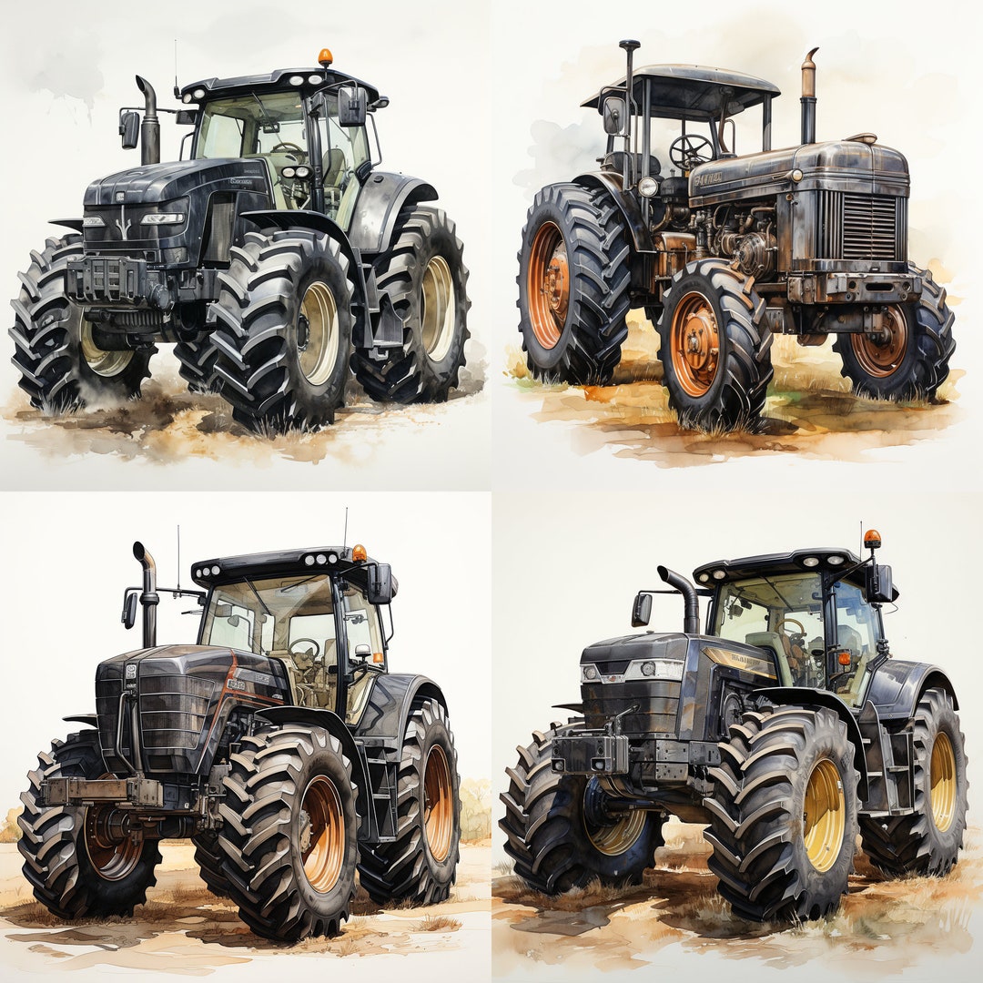 Set of 4 Farmall Tractor Watercolor Clipart Boys Black Tractor Nursery ...
