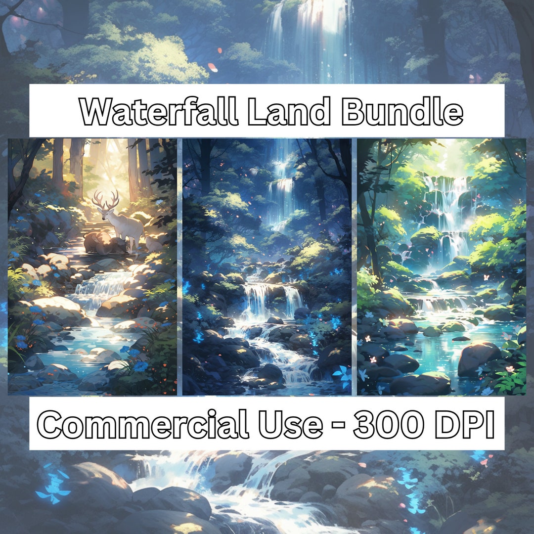Waterfall Image Bundle - 3 PNG Japanese Images, Floral Nature Graphics ...