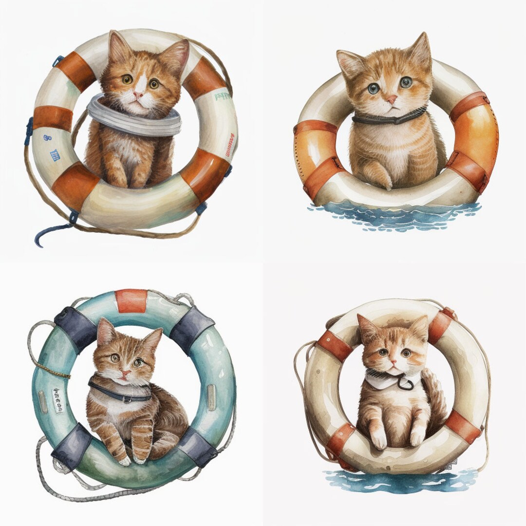 Cute Brown Cat Sitting in Lifebuoy Set, Lifeguard Printable Art, Funny ...