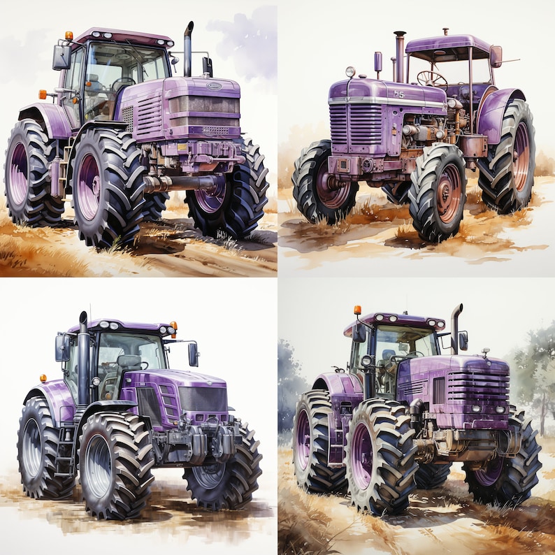 Set of 4 Farmall Tractor Watercolor Clipart Boys Purple Tractor Nursery ...