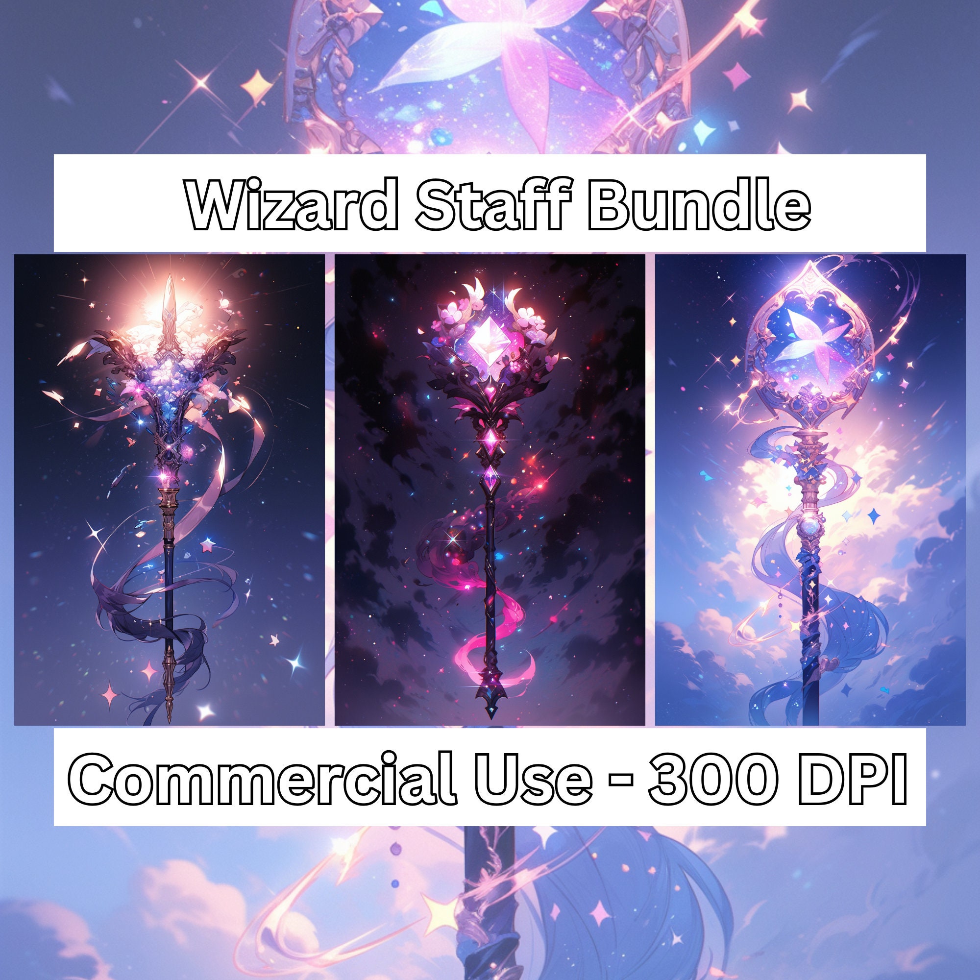 Wizard Staff Image Bundle - 3 PNG Fantasy Images, Mage Graphics, PNG ...