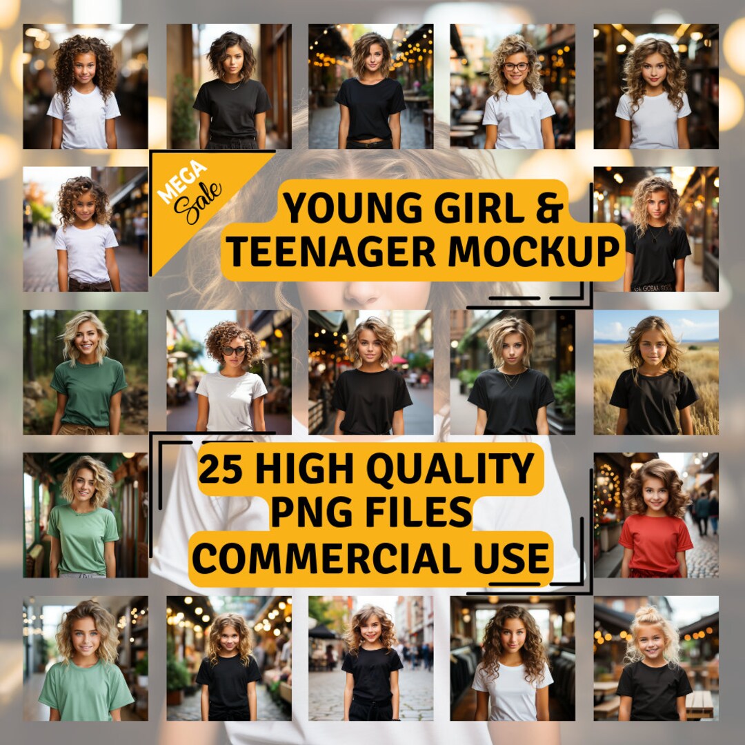 Young Girls Mockup Set of 25 PNG'S, White,black T Shirt Mockup, Kid's ...