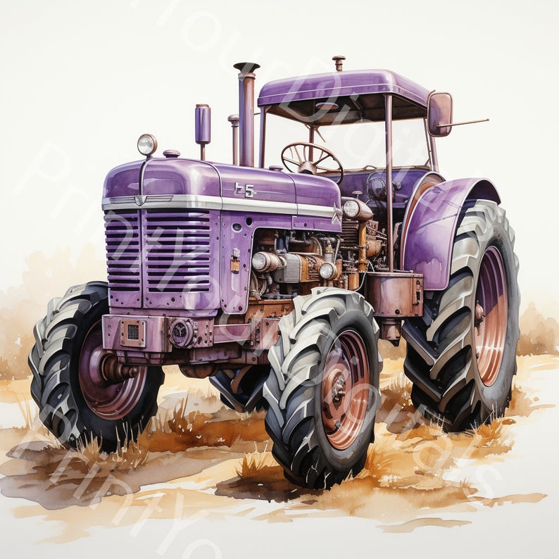 Set of 4 Farmall Tractor Watercolor Clipart Boys Purple Tractor Nursery ...