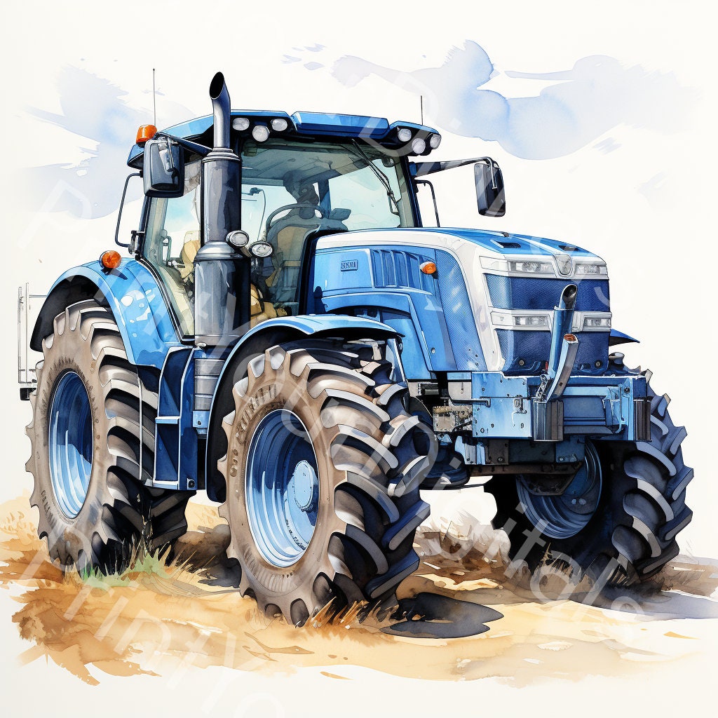Set of 4 Farmall Tractor Watercolor Clipart Boys Blue Tractor Nursery ...