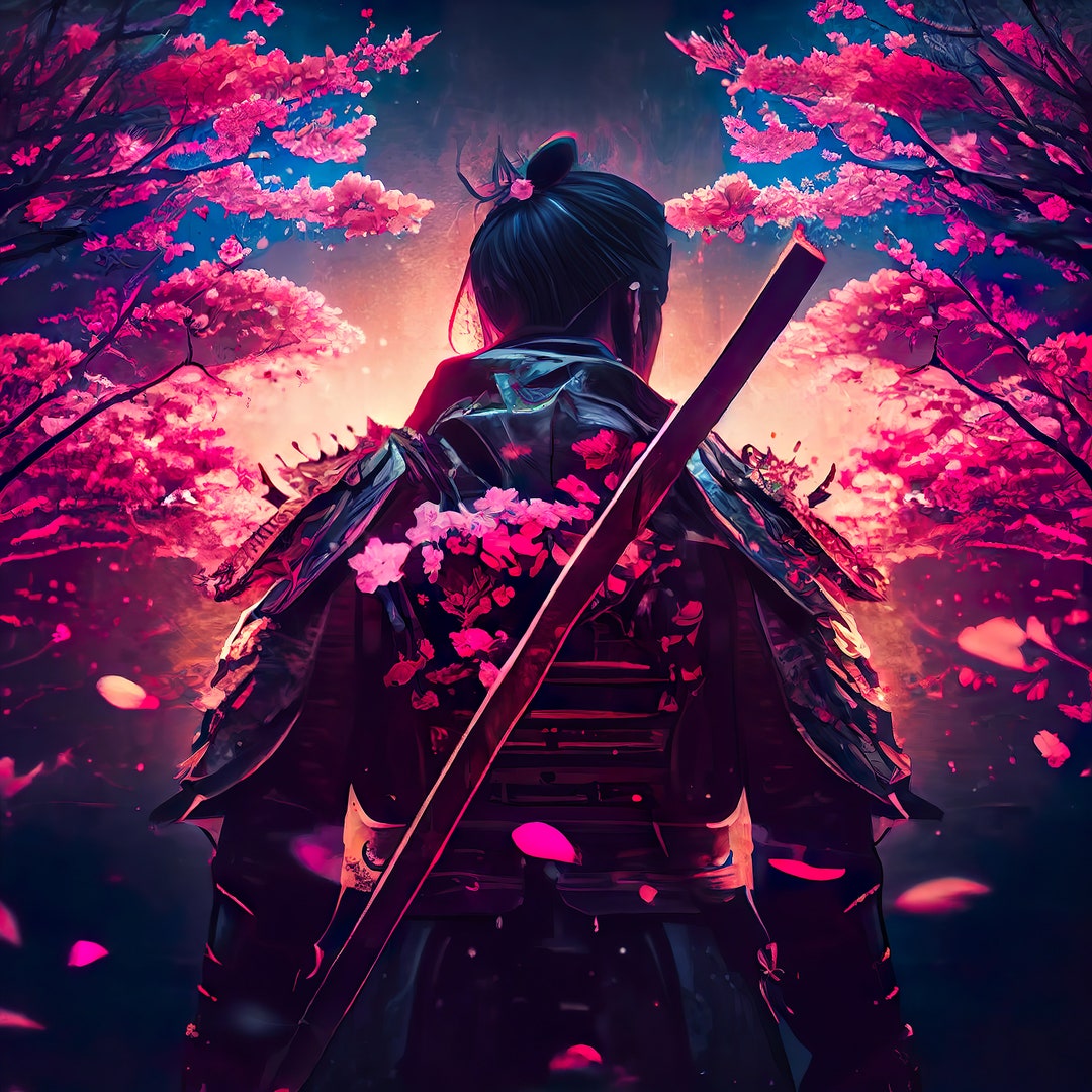 Japanese Samurai in Sakura Flowers and Cherry Blossom Tree, Honor ...