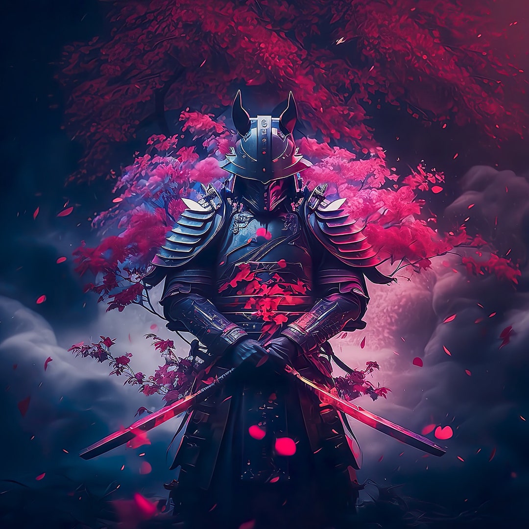 Japanese Samurai in Sakura Flowers and Cherry Blossom Tree, Honoration ...