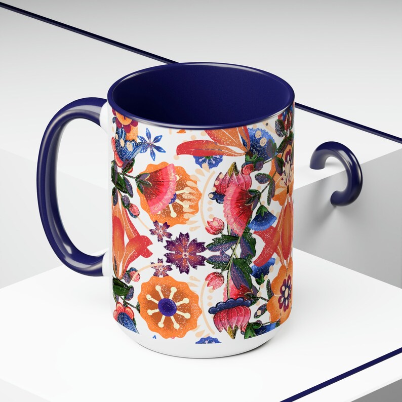Spanish Folk Art Floral Coffee Mugs/15 Oz Ceramic Mexican Printed Tea ...
